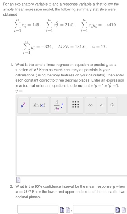 Solved For an explanatory variable and a response variable y | Chegg.com
