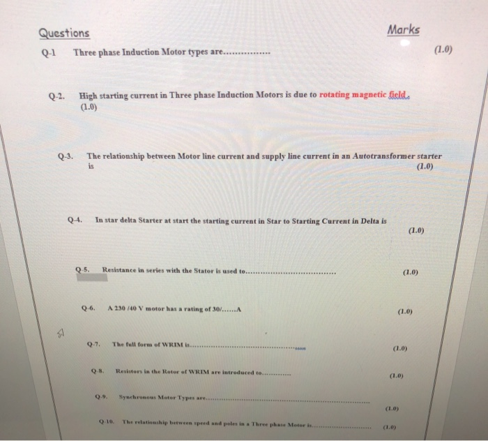 Solved Marks Questions Q.1 Three phase Induction Motor types | Chegg.com