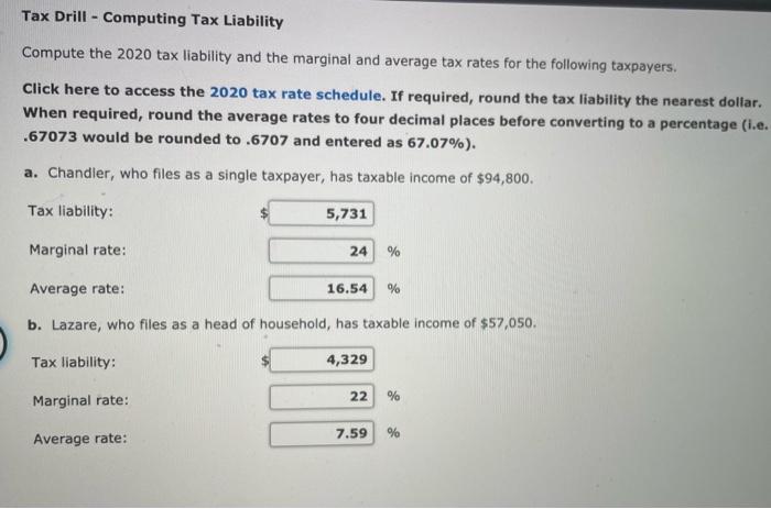 Solved Tax Drill - Computing Tax Liability Compute the 2020 | Chegg.com