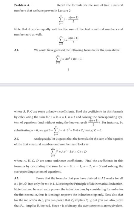 Solved Problem A. Recall the formula for the sum of first n | Chegg.com
