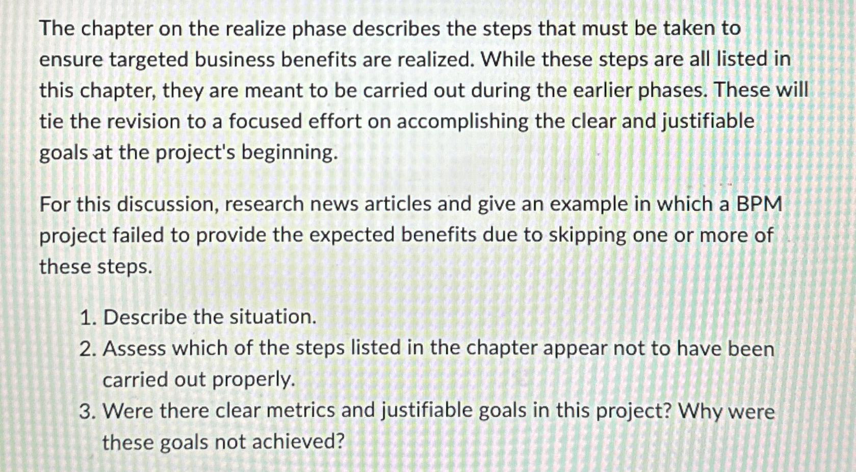 Solved The chapter on the realize phase describes the steps | Chegg.com
