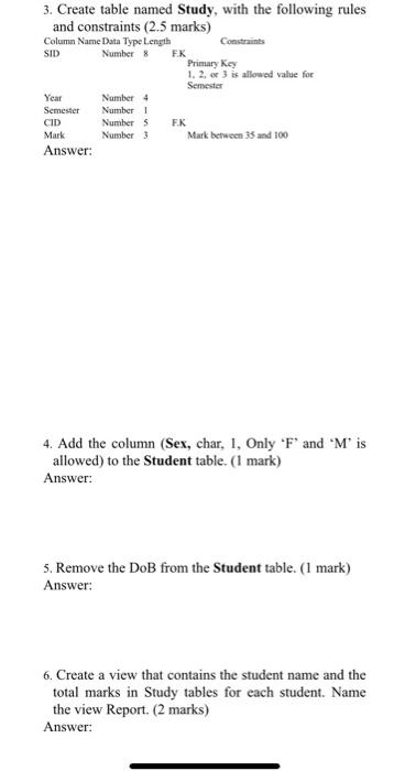 Solved Part One: Data Definition Language (DDL) 1. Create | Chegg.com
