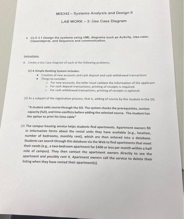 Solved MIS342 - Systems Analysis and Design II LAB WORK - 3: | Chegg.com