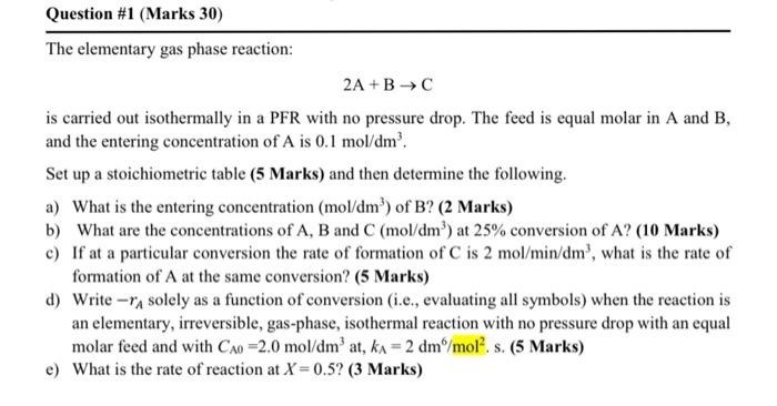 Solved The elementary gas phase reaction: 2 A+B→C is carried | Chegg.com