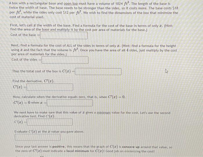 Solved A box with a rectangular base and open top must have | Chegg.com