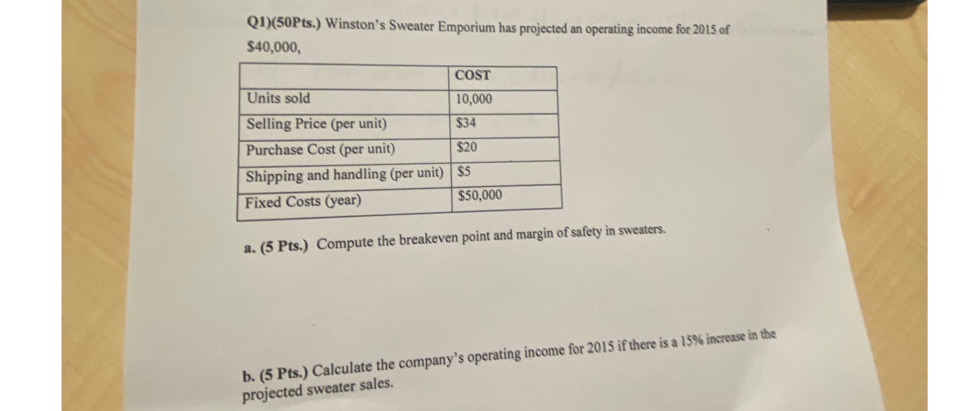 Solved Q1)(50Pts.) ﻿Winston's Sweater Emporium has projected | Chegg.com