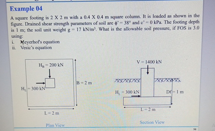 Solved Example 04A square footing is 2×2m ﻿with a 0.4×0.4m | Chegg.com