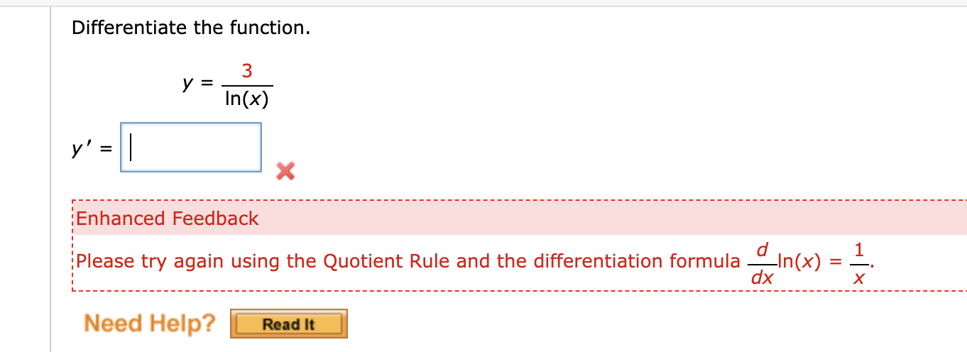 Solved Differentiate the function.y=3ln(x)y'=Enhanced | Chegg.com