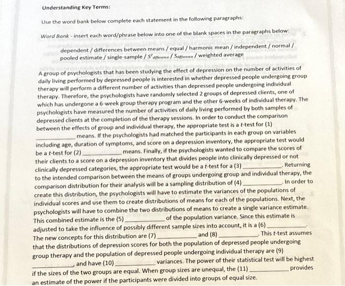 Understanding Key Terms: Use the word bank below | Chegg.com