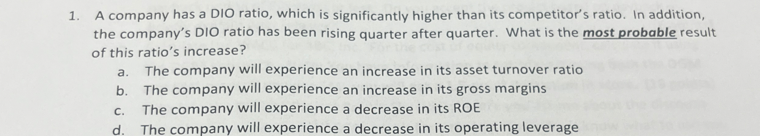 Solved A company has a DIO ratio, which is significantly | Chegg.com