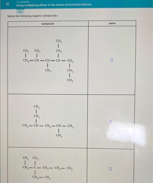 Solved E O ALKANES Using multiplying affixes in the names of | Chegg.com