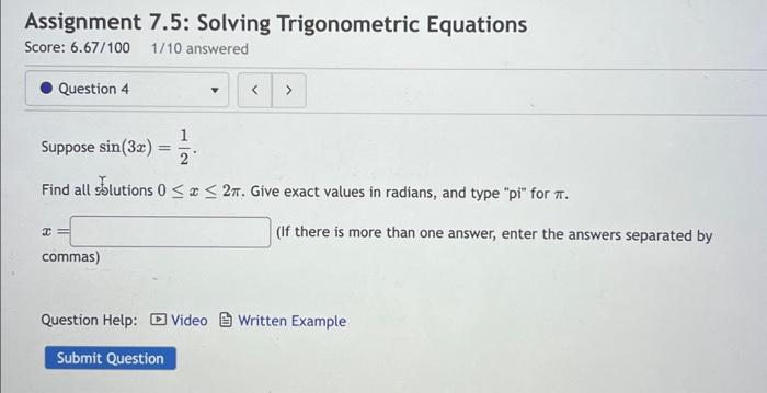 Solved Assignment 7.5: Solving Trigonometric Equations | Chegg.com