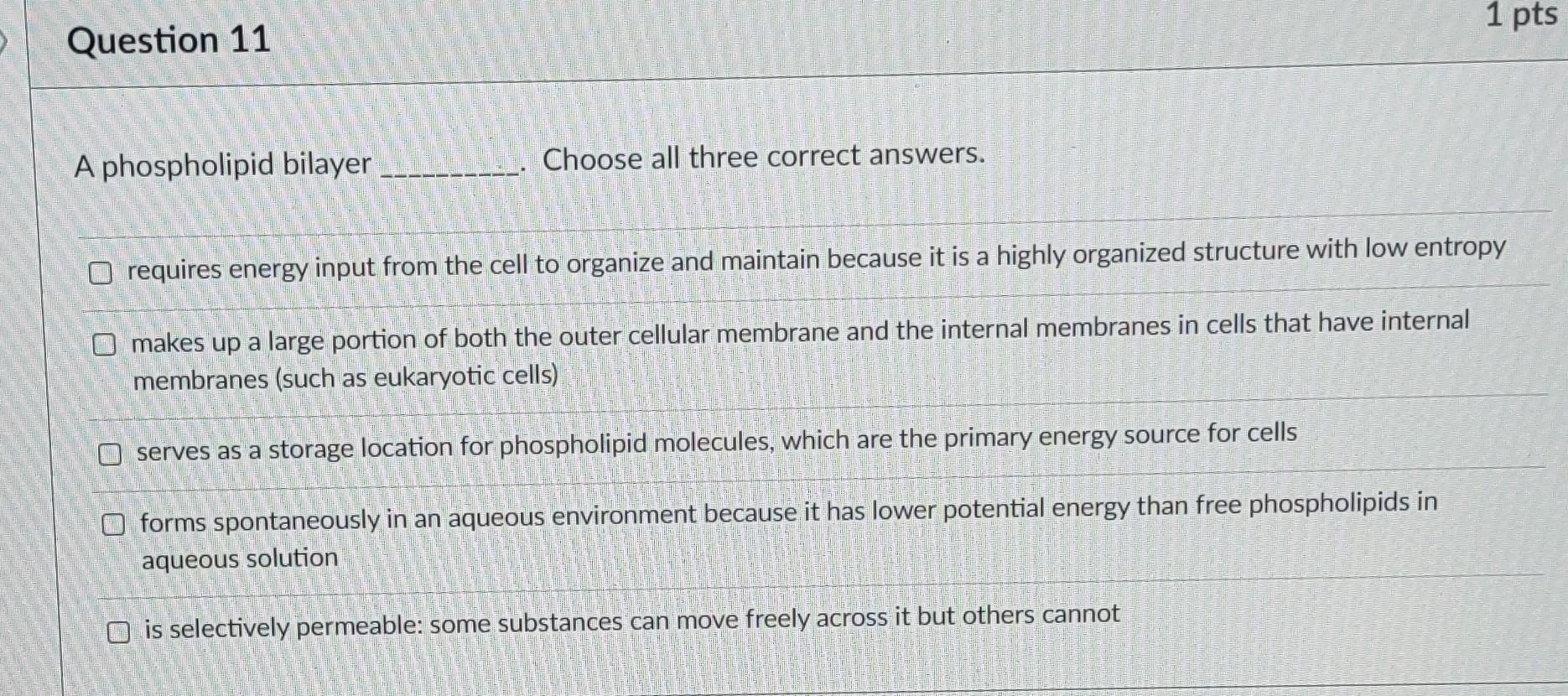 Solved A phospholipid bilayer Choose all three correct | Chegg.com