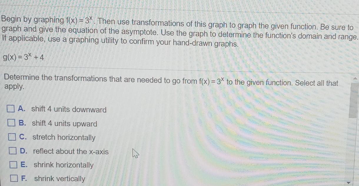Solved Begin by graphing f(x) = 3%. Then use transformations | Chegg.com