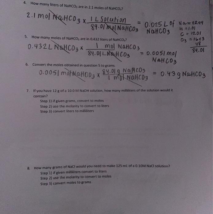 Solved 4. How many liters of NaHCO3 are in 2.1 moles of | Chegg.com