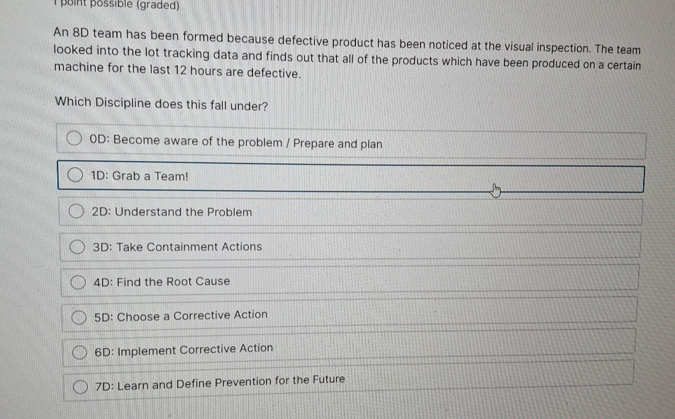 Solved An 8D team has been formed because defective product | Chegg.com