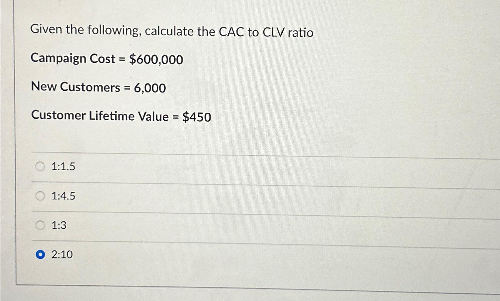 Solved Given the following, calculate the CAC to CLV | Chegg.com