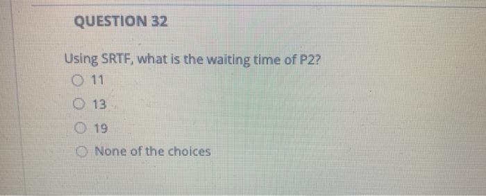Solved QUESTION 32 Using SRTF, what is the waiting time of | Chegg.com