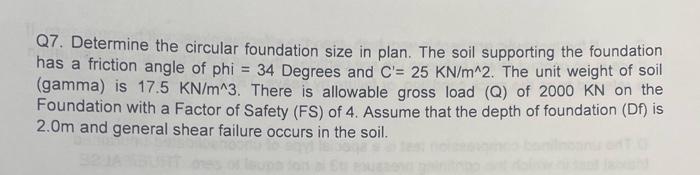Solved Q7. Determine the circular foundation size in plan. | Chegg.com