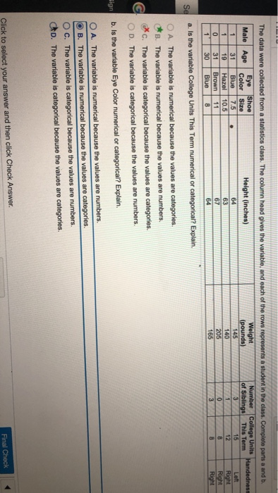 Solved The data were collected from a statistics class. The | Chegg.com