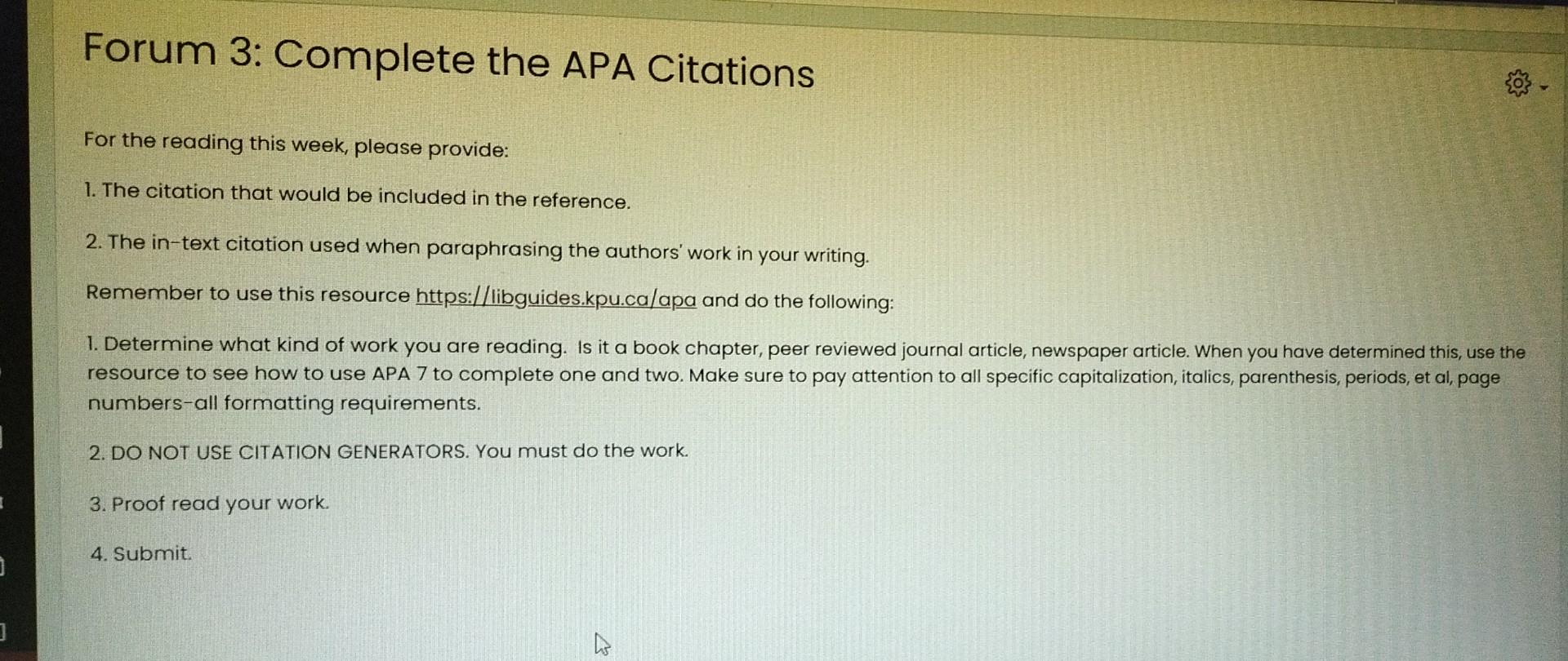 Forum 3: Complete the APA Citations For the reading | Chegg.com