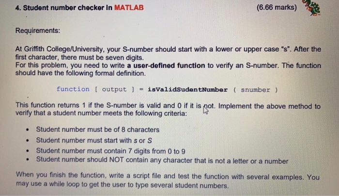 Solved 4. Student number checker In MATLAB (6.66 marks) | Chegg.com