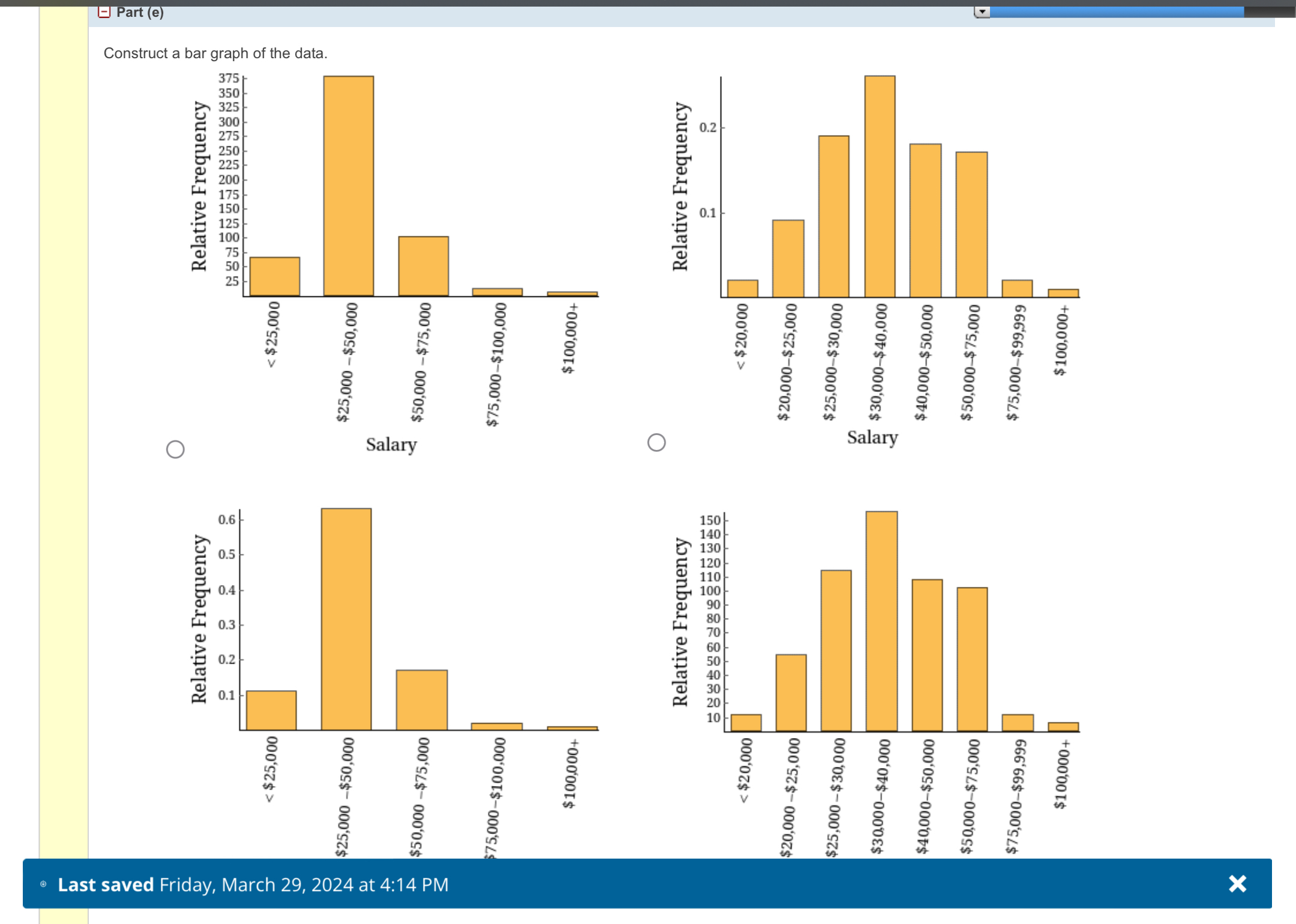 Part (e)Construct a bar graph of the data.Last saved | Chegg.com