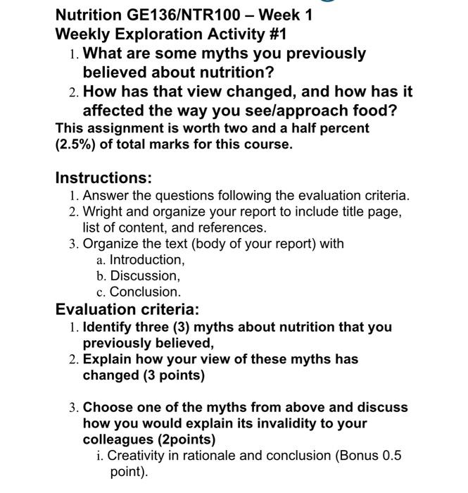 Solved Nutrition GE136/NTR100 - Week 1 Weekly Exploration | Chegg.com
