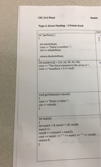 Solved CSC 211 Final Name: Type 2: Error Finding - 5 Points | Chegg.com