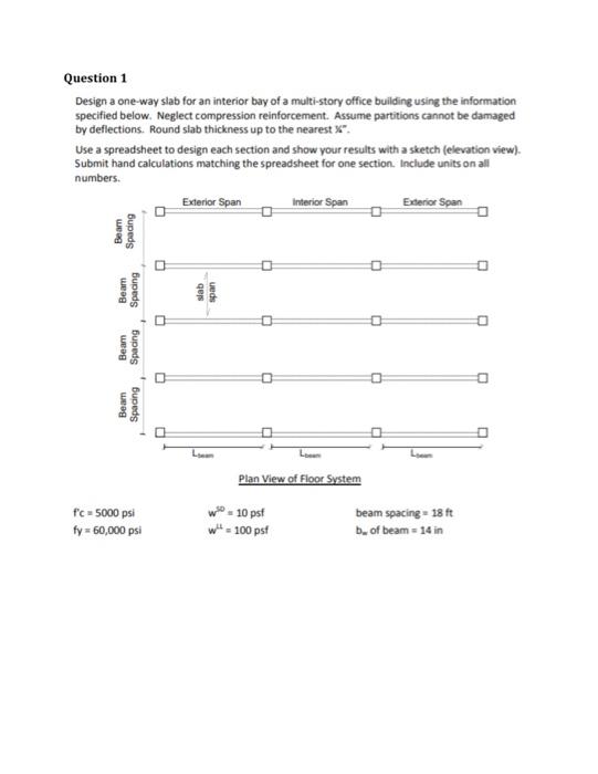 Solved Question 1 Design a one-way slab for an interior bay | Chegg.com