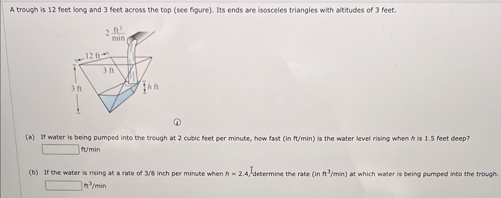 Solved A trough is 12 ﻿feet long and 3 ﻿feet across the top | Chegg.com