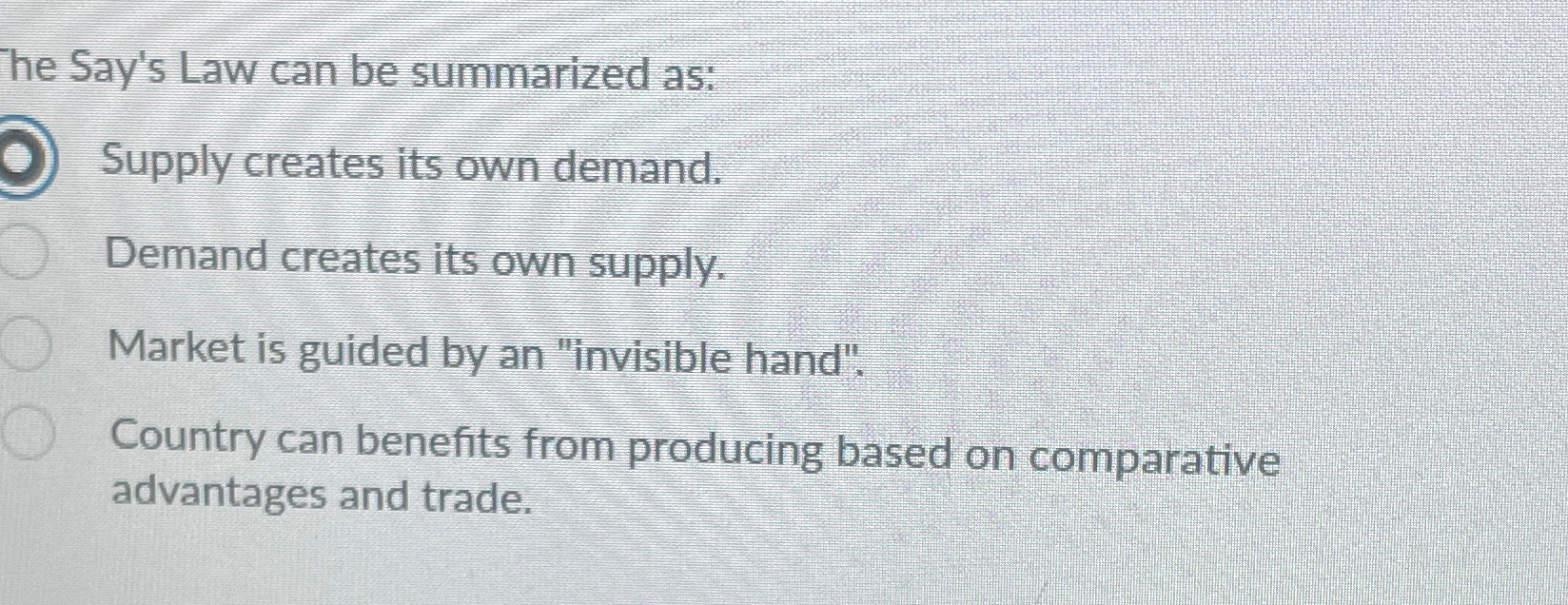 Solved he Say's Law can be summarized as:Supply creates its | Chegg.com