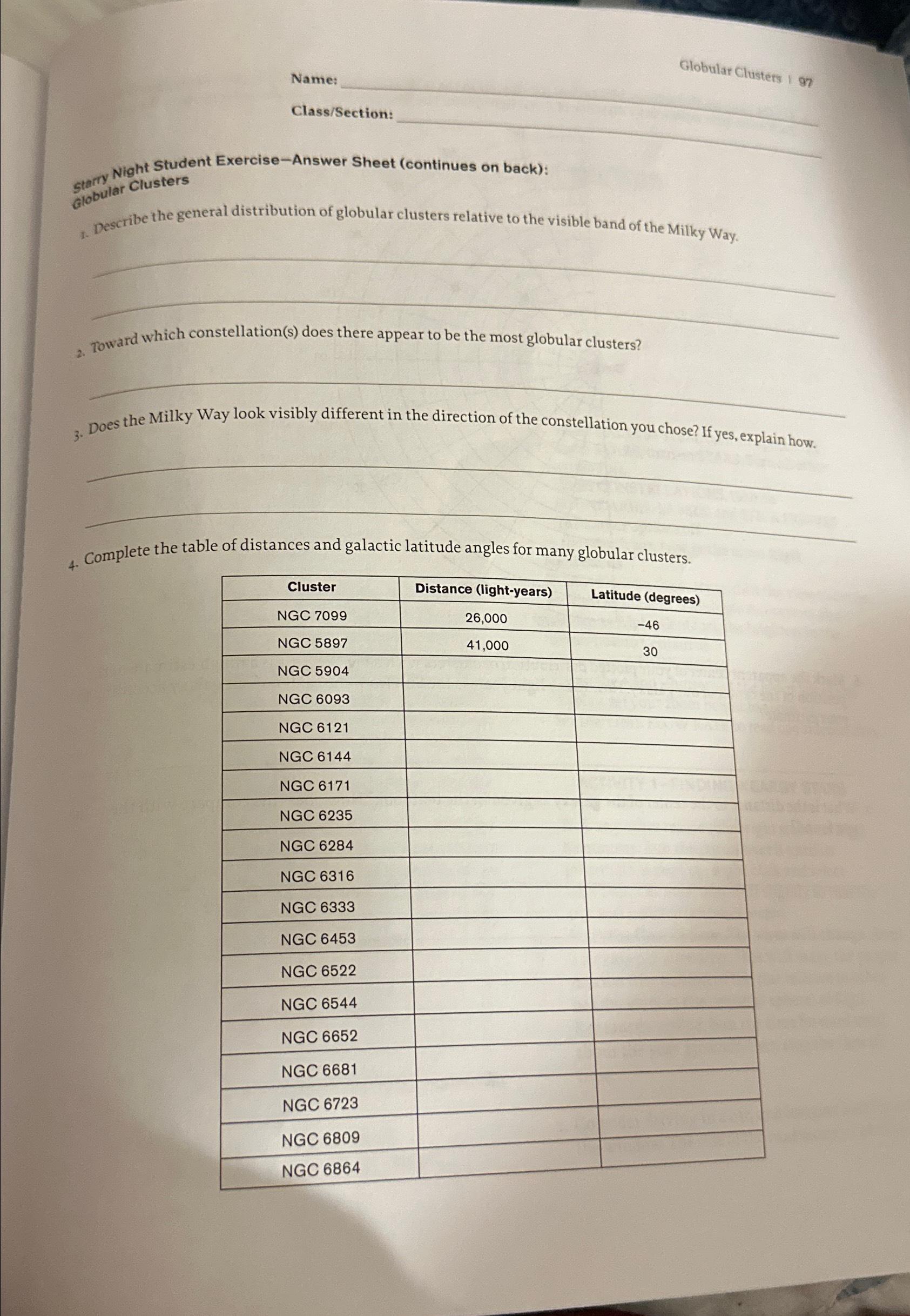 Solved Globular Clusters i onName:Class/SecticNight Student | Chegg.com