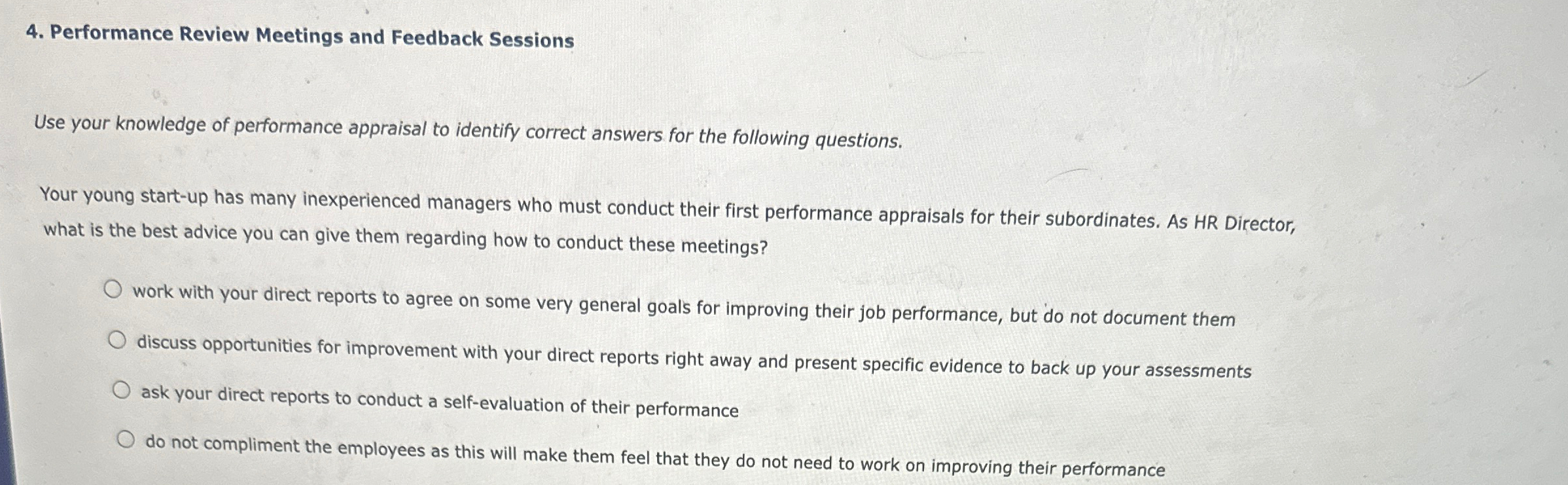 Solved Performance Review Meetings and Feedback SessionsUse | Chegg.com
