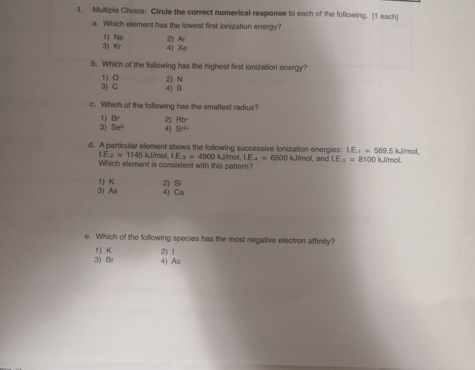 Solved 1. Multiple Choice: Circle the correct numerical | Chegg.com