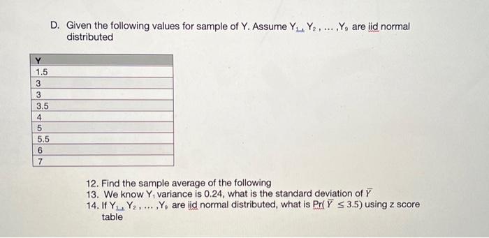 Solved Y 1.5 3 3 3.5 4 5 5.5 6 D. Given the following values | Chegg.com