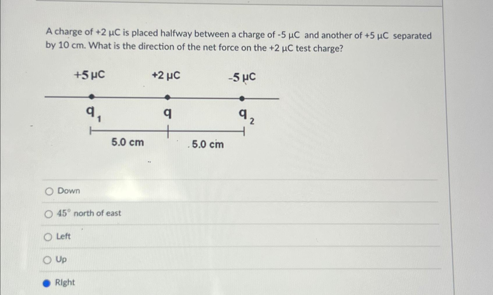 Solved A charge of +2μC ﻿is placed halfway between a charge | Chegg.com