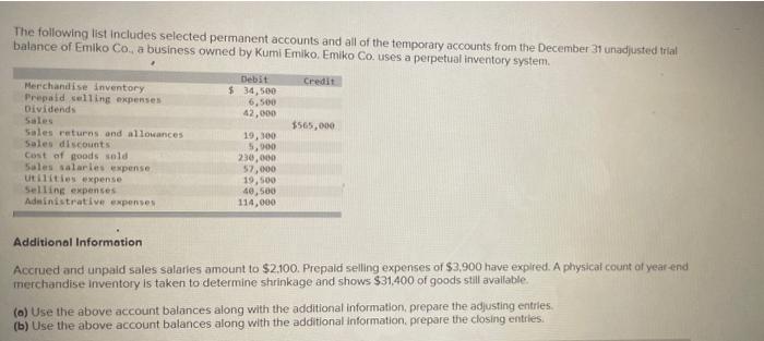 Solved The following list includes selected permanent | Chegg.com