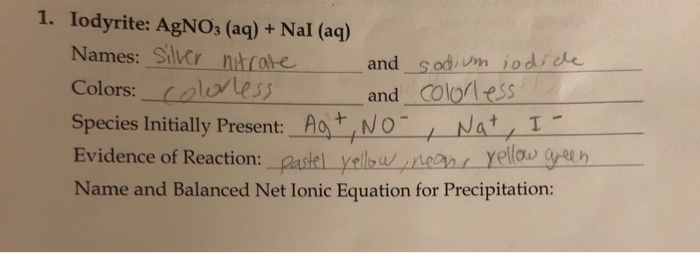 Solved 1. Iodyrite: AgNO3 (aq) + Nal (aq) Names: Silver | Chegg.com