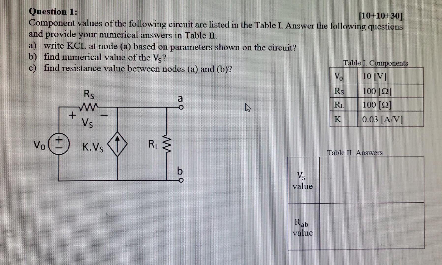Solved Question 1: [10+10+30] Component values of the | Chegg.com