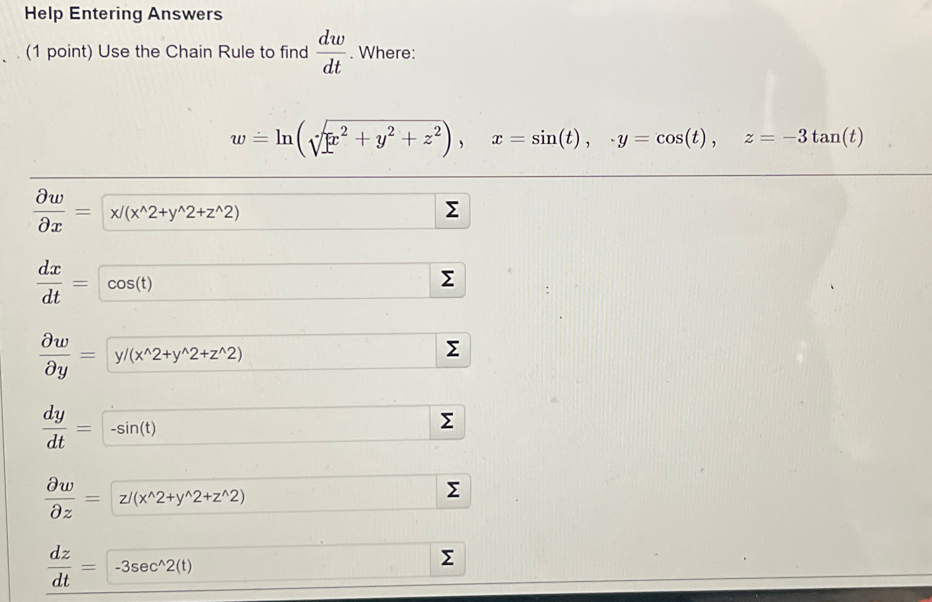 Solved Help Entering Answers(1 ﻿point) ﻿Use the Chain Rule | Chegg.com