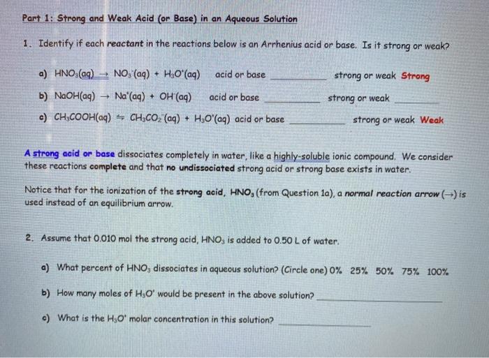 Solved Part 1: Strong and Weak Acid (or Base) in an Aqueous | Chegg.com