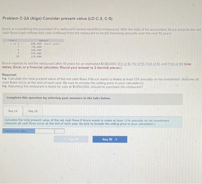 Solved Problem C-2A (Algo) Consider present value (LO C-3, | Chegg.com