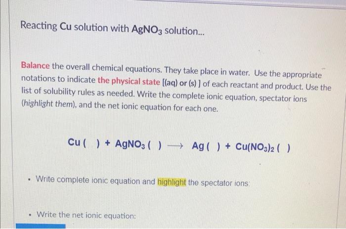 Solved Reacting Cu solution with AgNO3 solution... Balance | Chegg.com