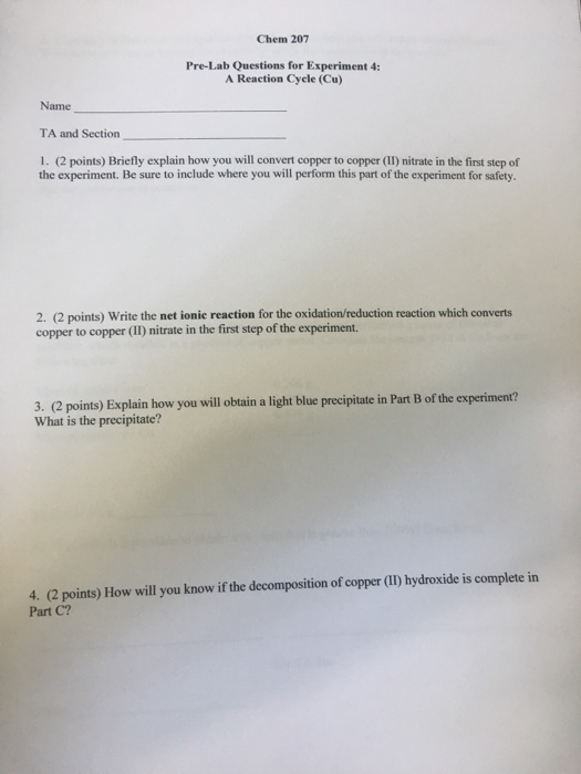 Chem 207 Pre-Lab Questions for Experiment 4: A | Chegg.com
