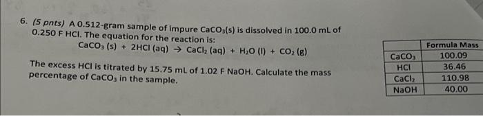 Solved 6. (5 pnts) A 0.512-gram sample of impure CaCO3( s) | Chegg.com