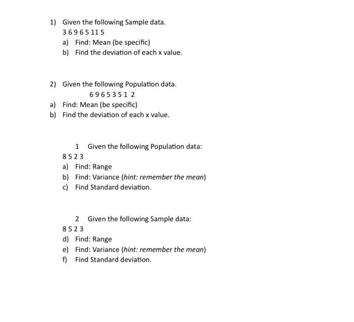 Solved 1) Given the following Sample data. 36965115 a) Find: | Chegg.com