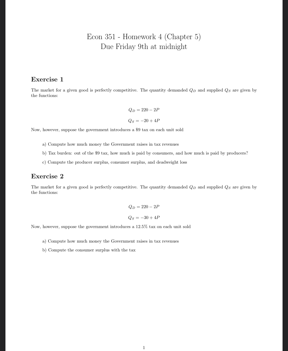 Solved Econ 351 - ﻿Homework 4 (Chapter 5) ﻿Due Friday 9th at | Chegg.com