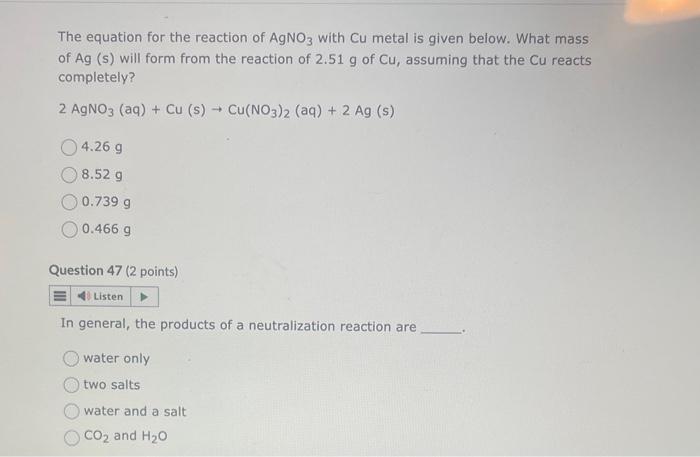 Solved The equation for the reaction of AgNO3 with Cu metal | Chegg.com