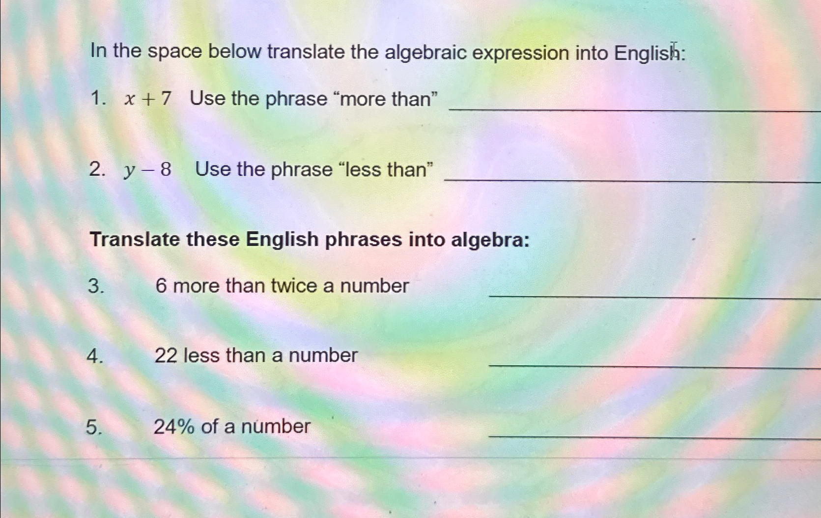 Solved In the space below translate the algebraic expression | Chegg.com